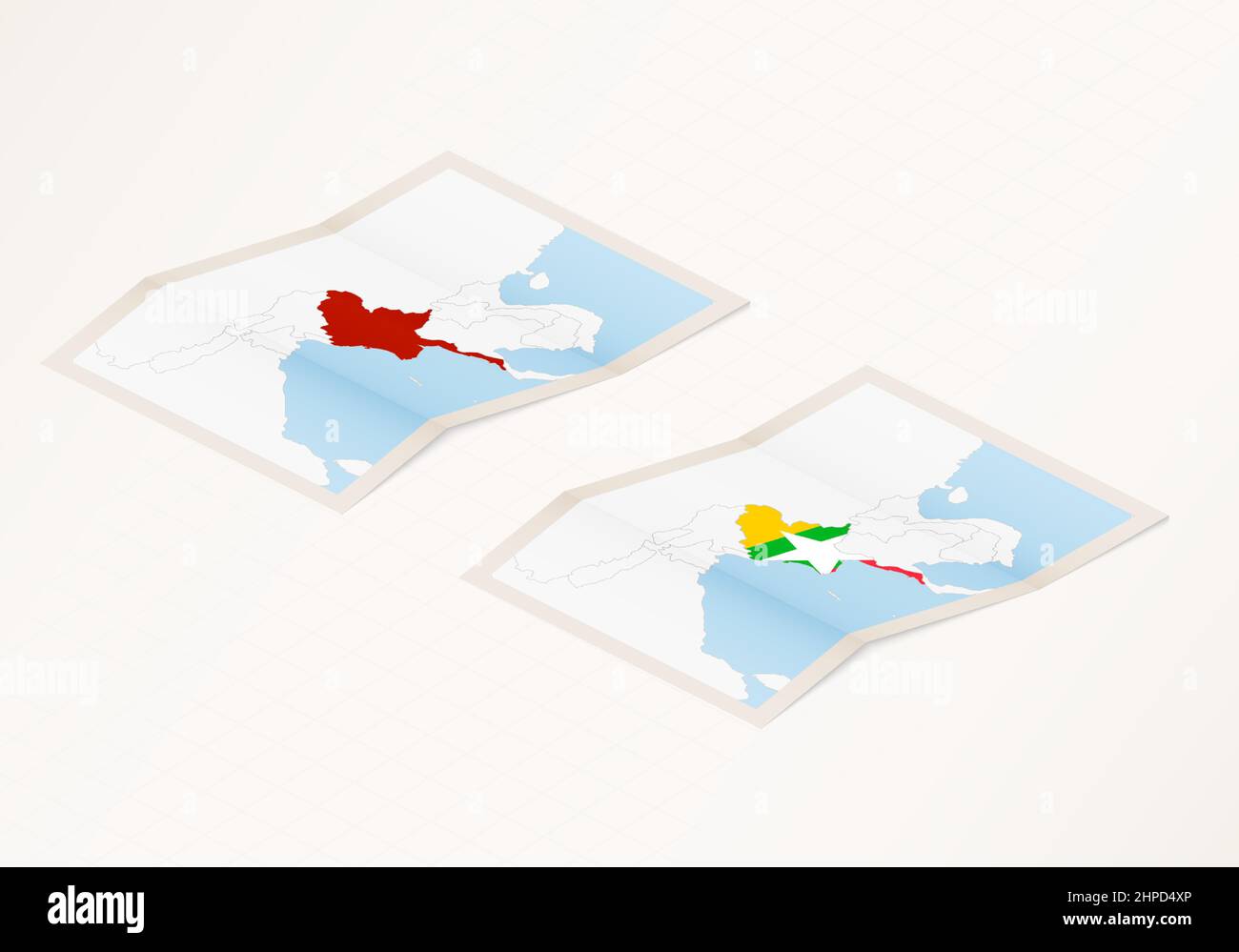 Two versions of a folded map of Myanmar with the flag of the country of ...