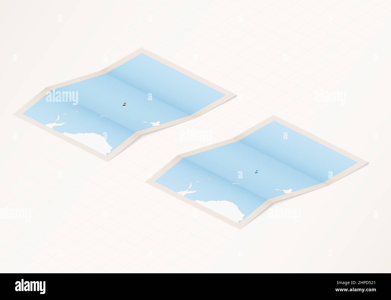Two versions of a folded map of Fiji with the flag of the country of ...