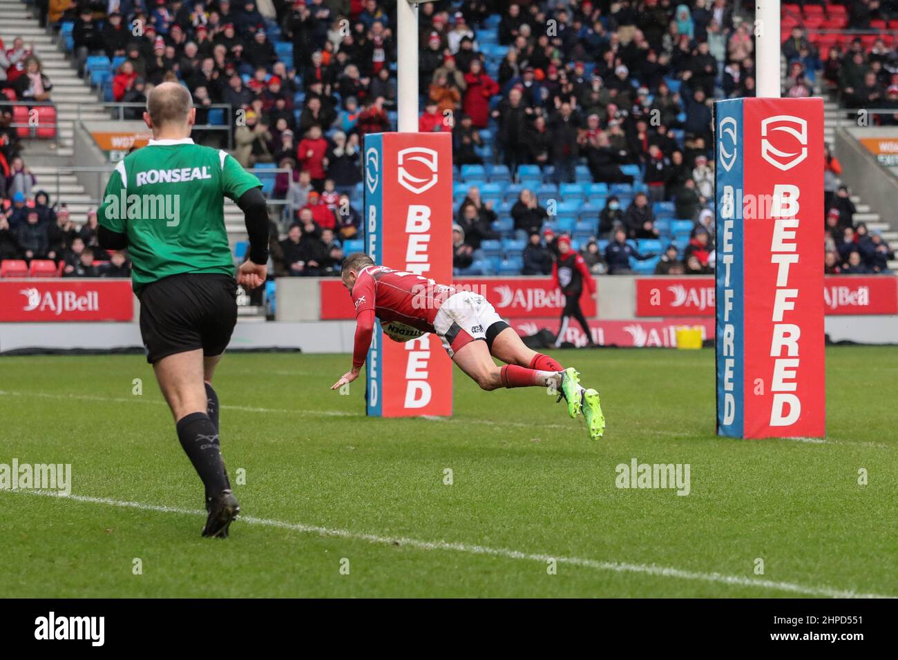 Ryan Brierley #1 of Salford Red Devils goes over for a try in the first ...