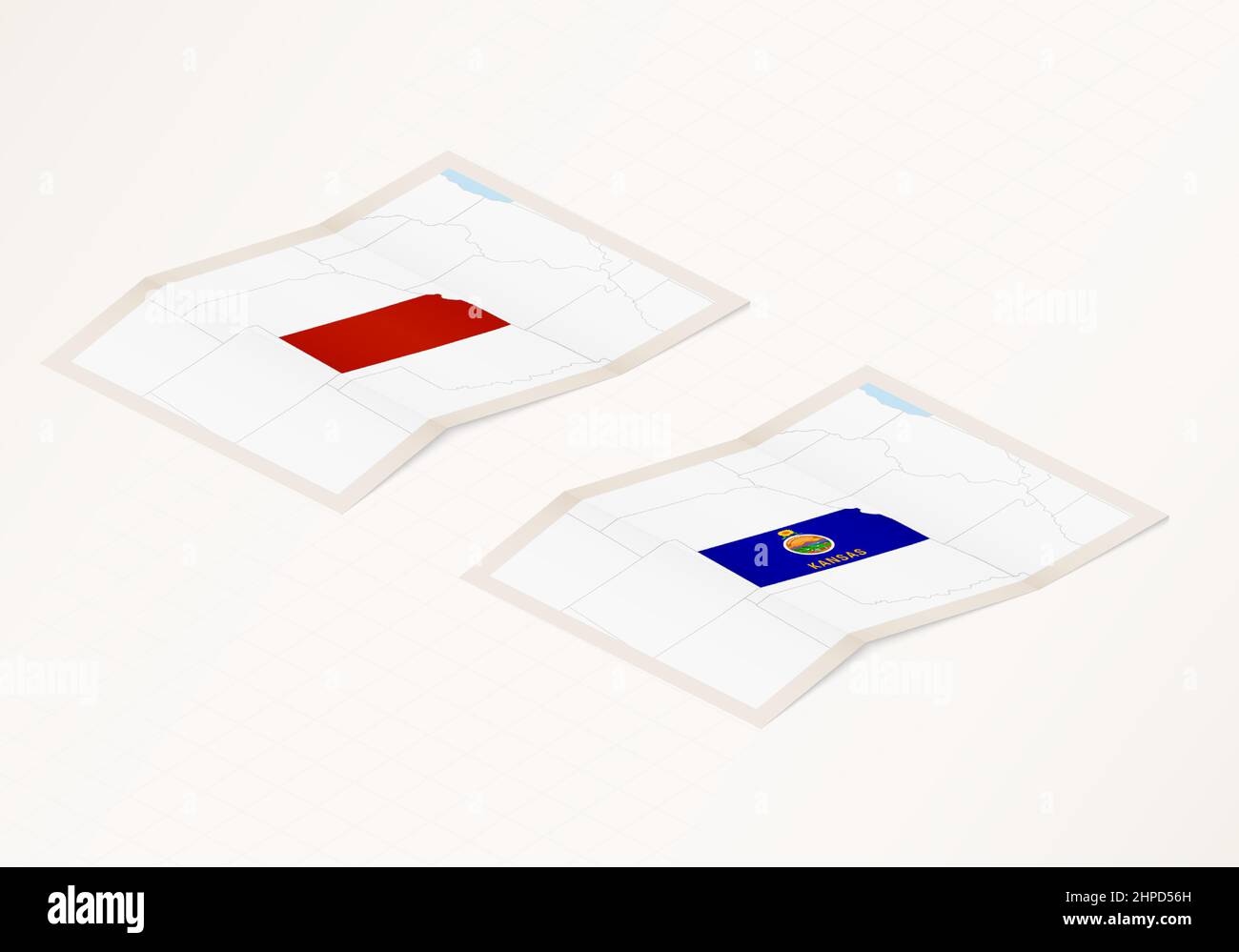 Two versions of a folded map of Kansas with the flag of the country of ...