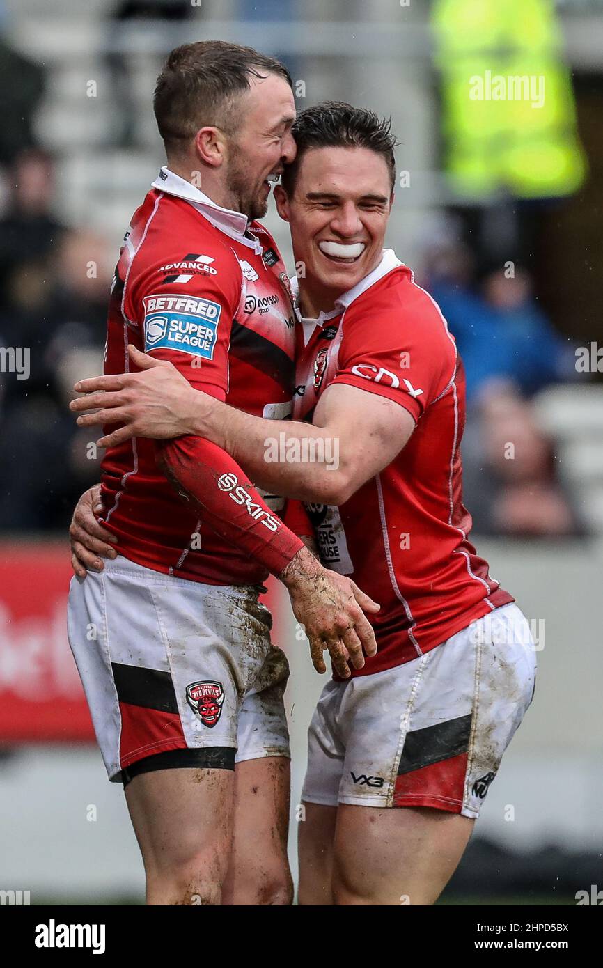 Ryan Brierley #1 of Salford Red Devils celebrates his try with Brodie ...