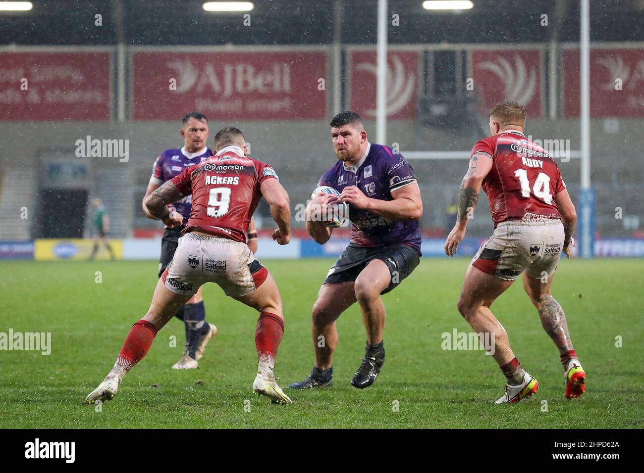 Salford, UK, 20 February 2022. Mitch Garbutt of Toulouse looks for a ...