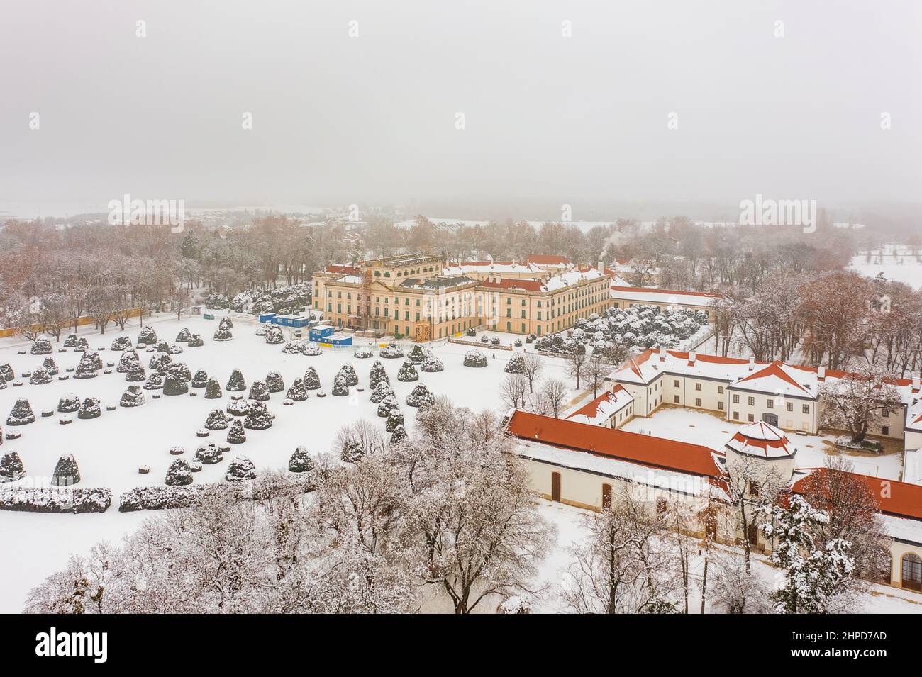 Aerial view of the famous Esterhazy castle near Sopron on a snowy ...