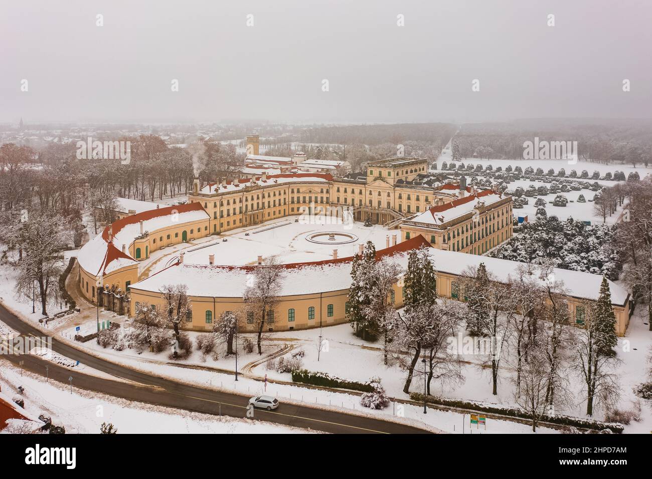 Aerial view of the famous Esterhazy castle near Sopron on a snowy ...