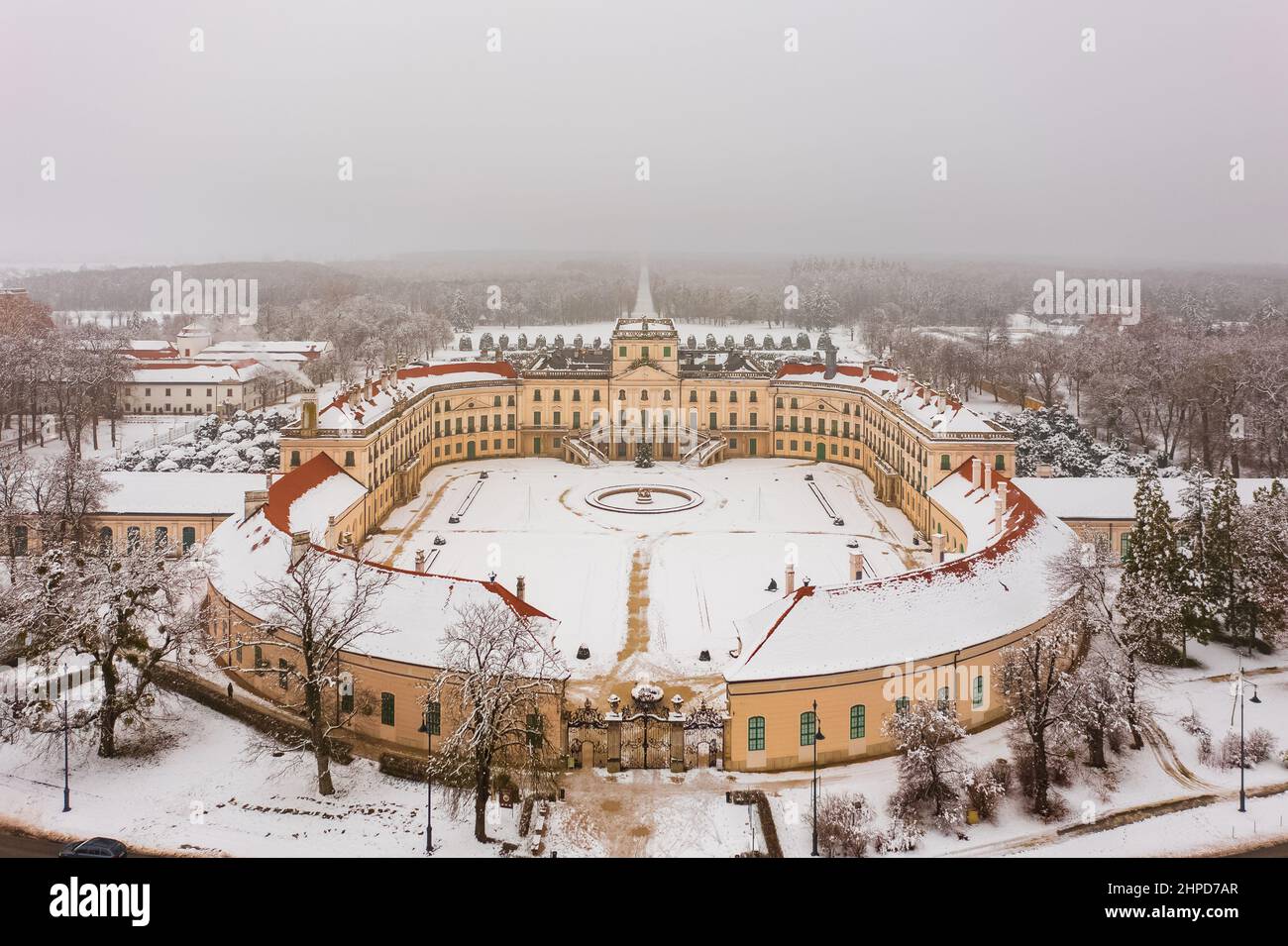 Aerial view of the famous Esterhazy castle near Sopron on a snowy ...
