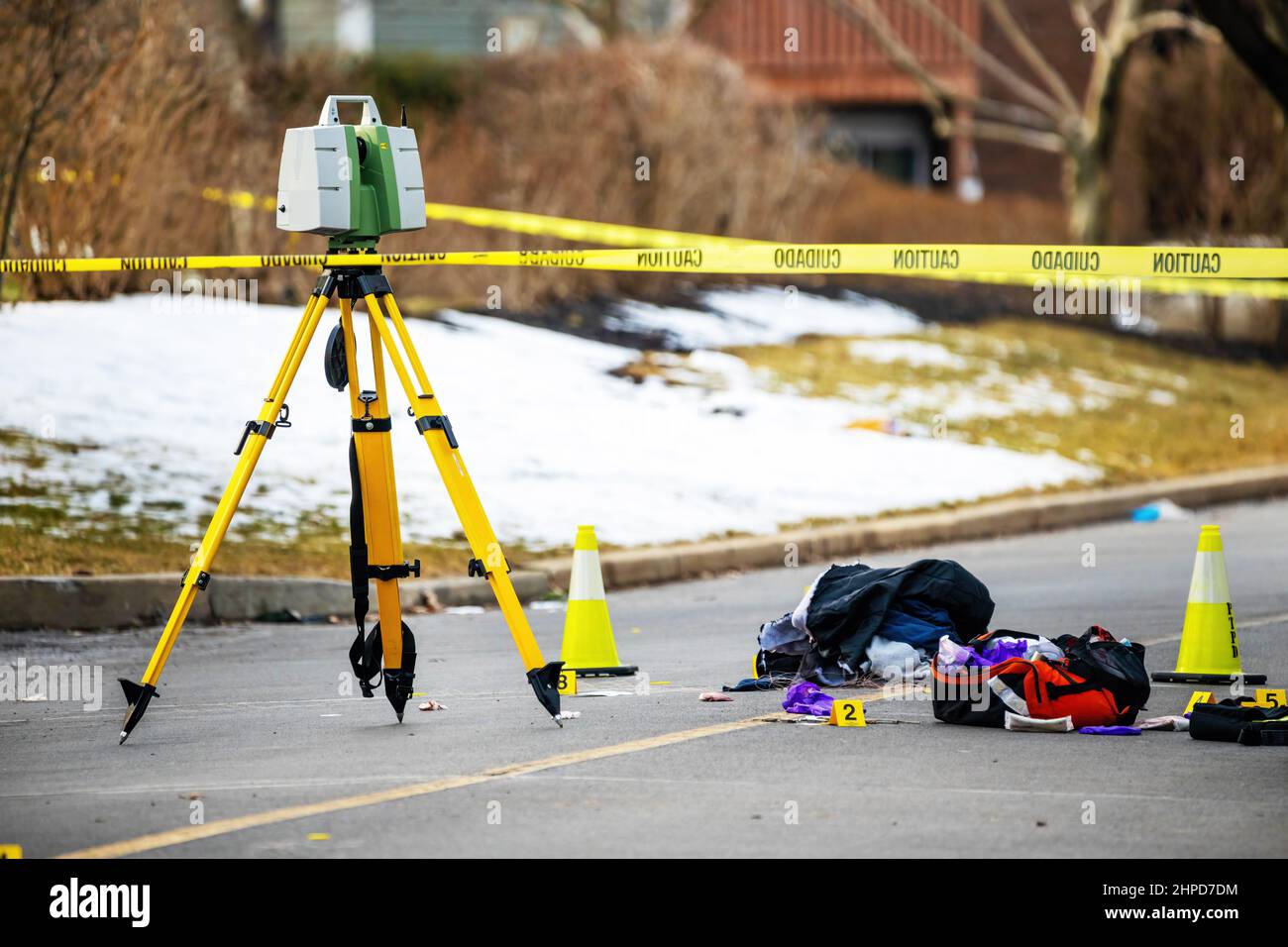 Caution tape with crime scene evidence during road accident nobody ...