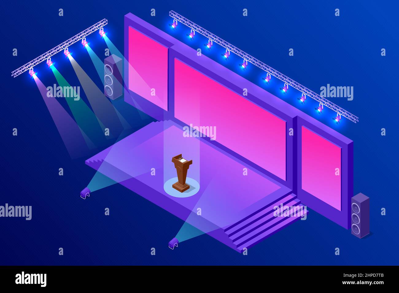 Isometric stand for press conference with microphones, equipped place ...