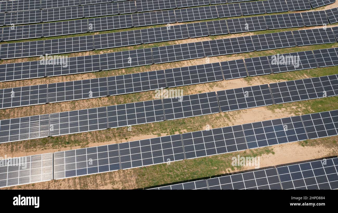 Solar panels array farm with sunlight create clean electric power Stock ...