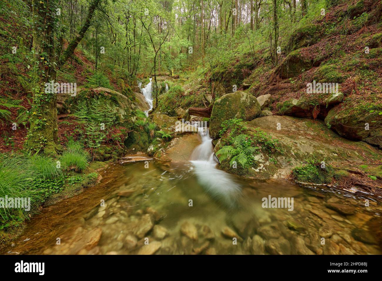 Natural view of a small waterfall formed in the Arenteiro river in ...