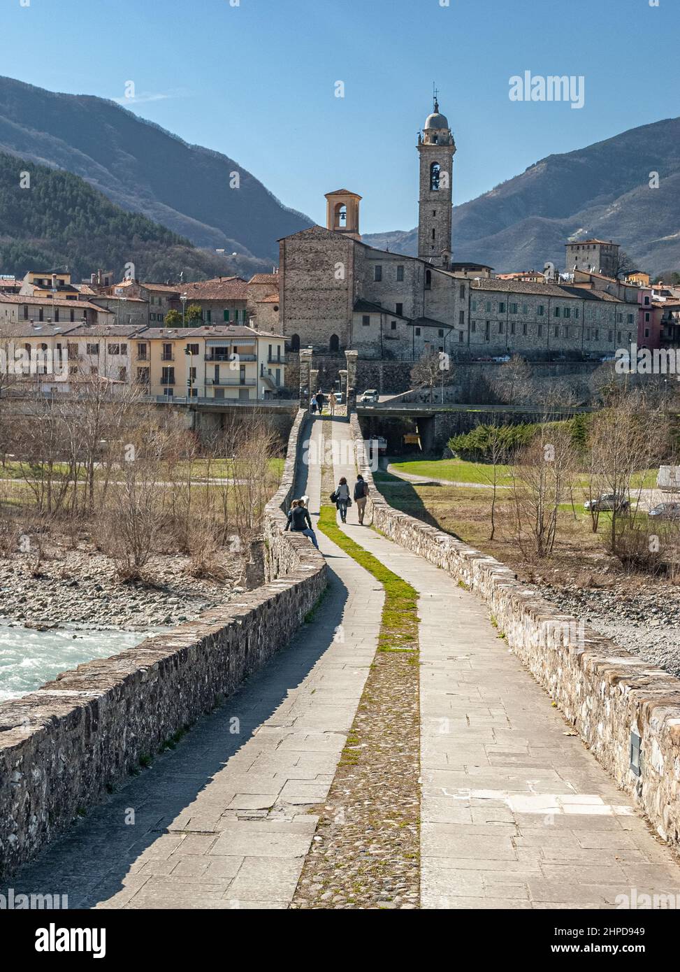 The town of Bobbio and the old medieval bridge. Bobbio, Piacenza ...