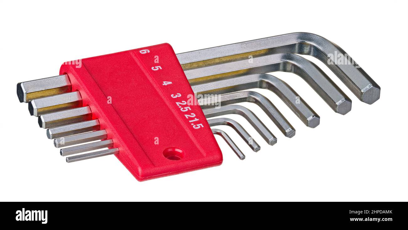 Metal Allen wrench toolkit in a plastic holder. Closeup of hex key set ...