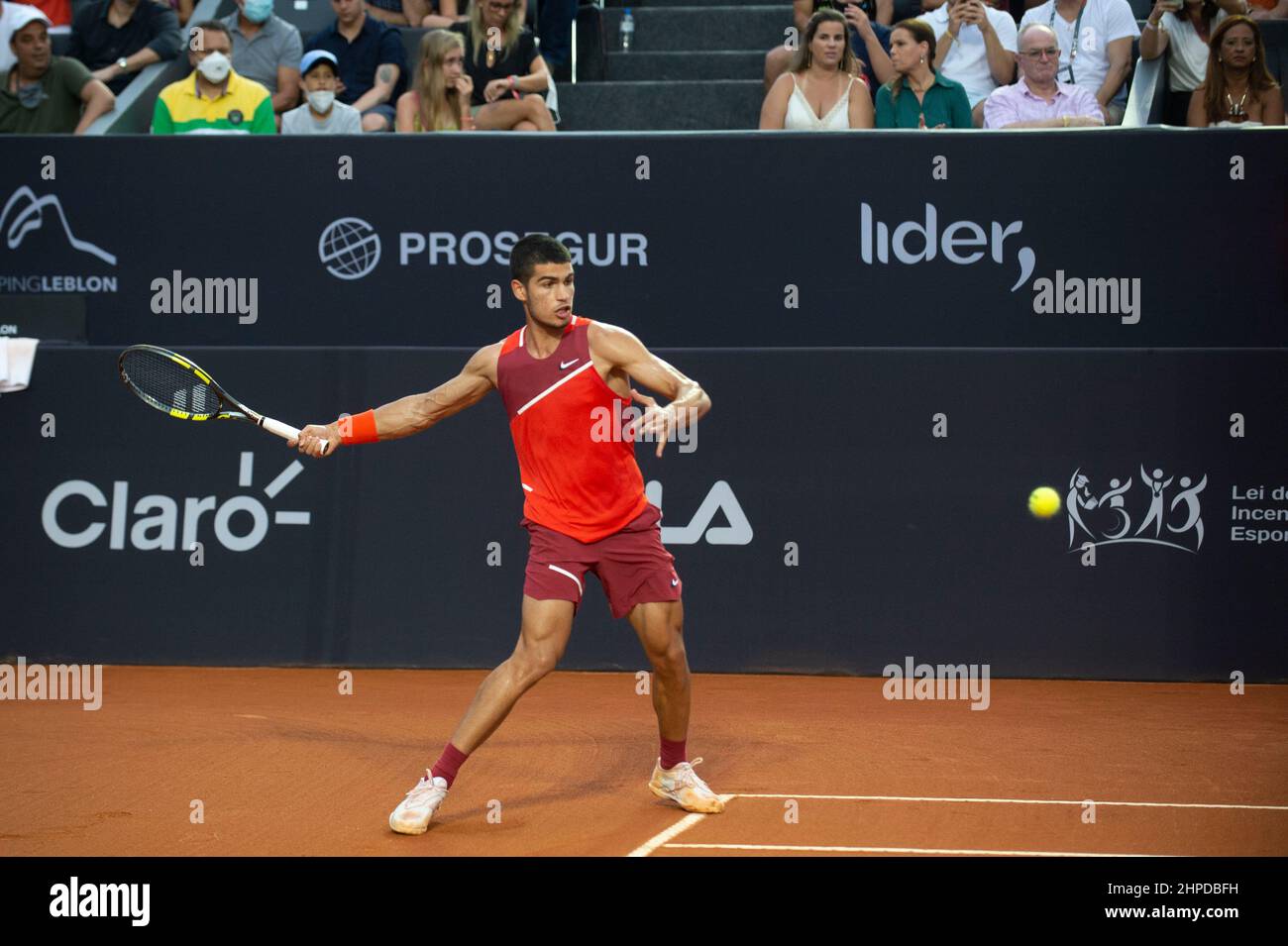 Rio De Janeiro, Brazil. 20th Feb, 2022. Carlos Alcaraz (ESP) in dispute ...