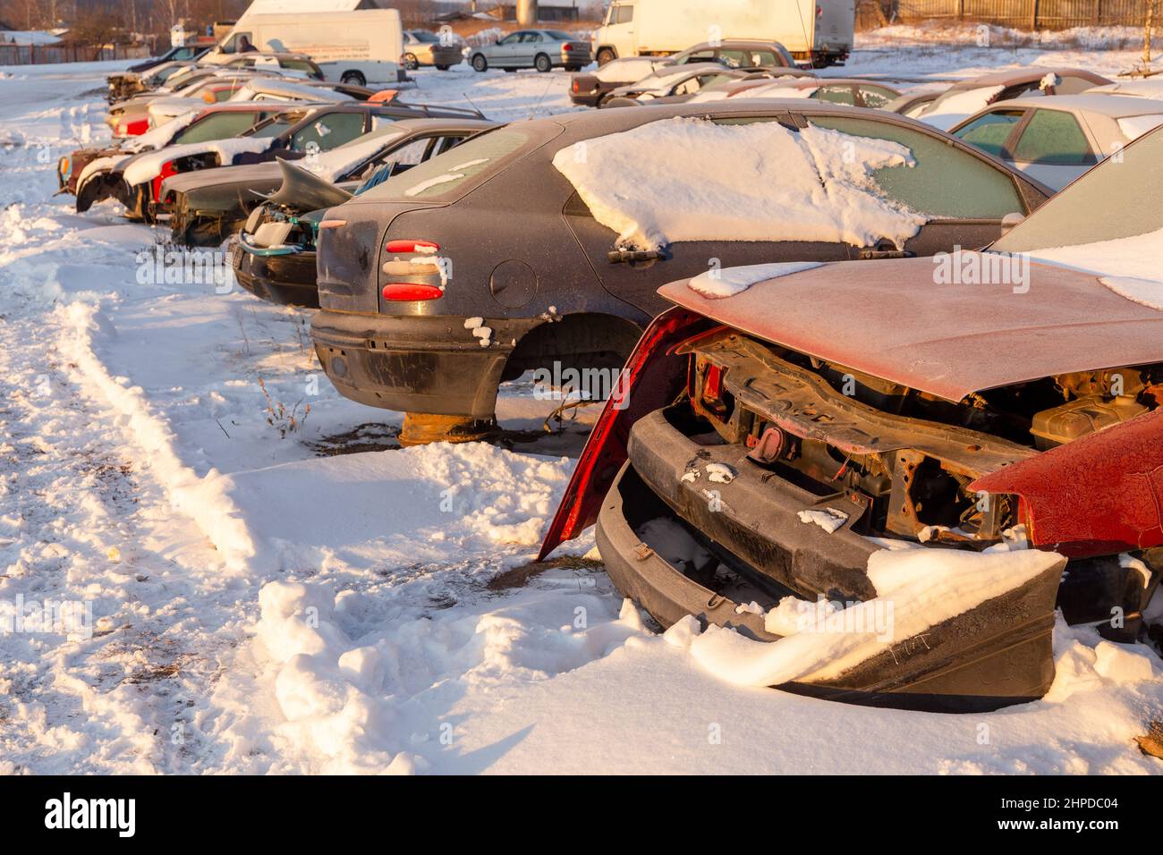 Disassembled cars on a car dump are on sale for spare parts. Trade in ...