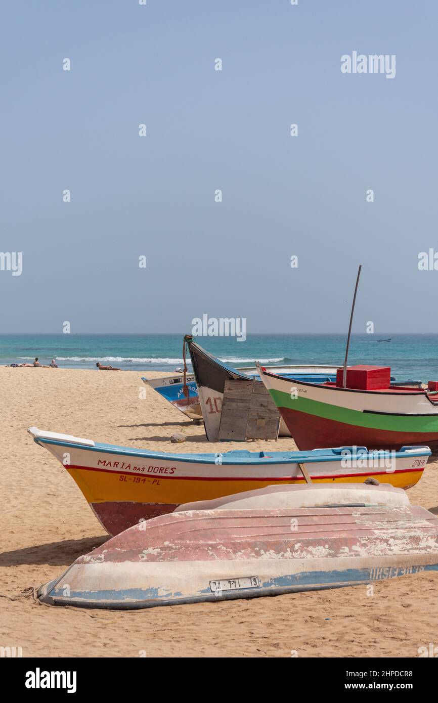 Colourful fishing boats on beach, Praia Santa Maria, Santa Maria, Sal ...
