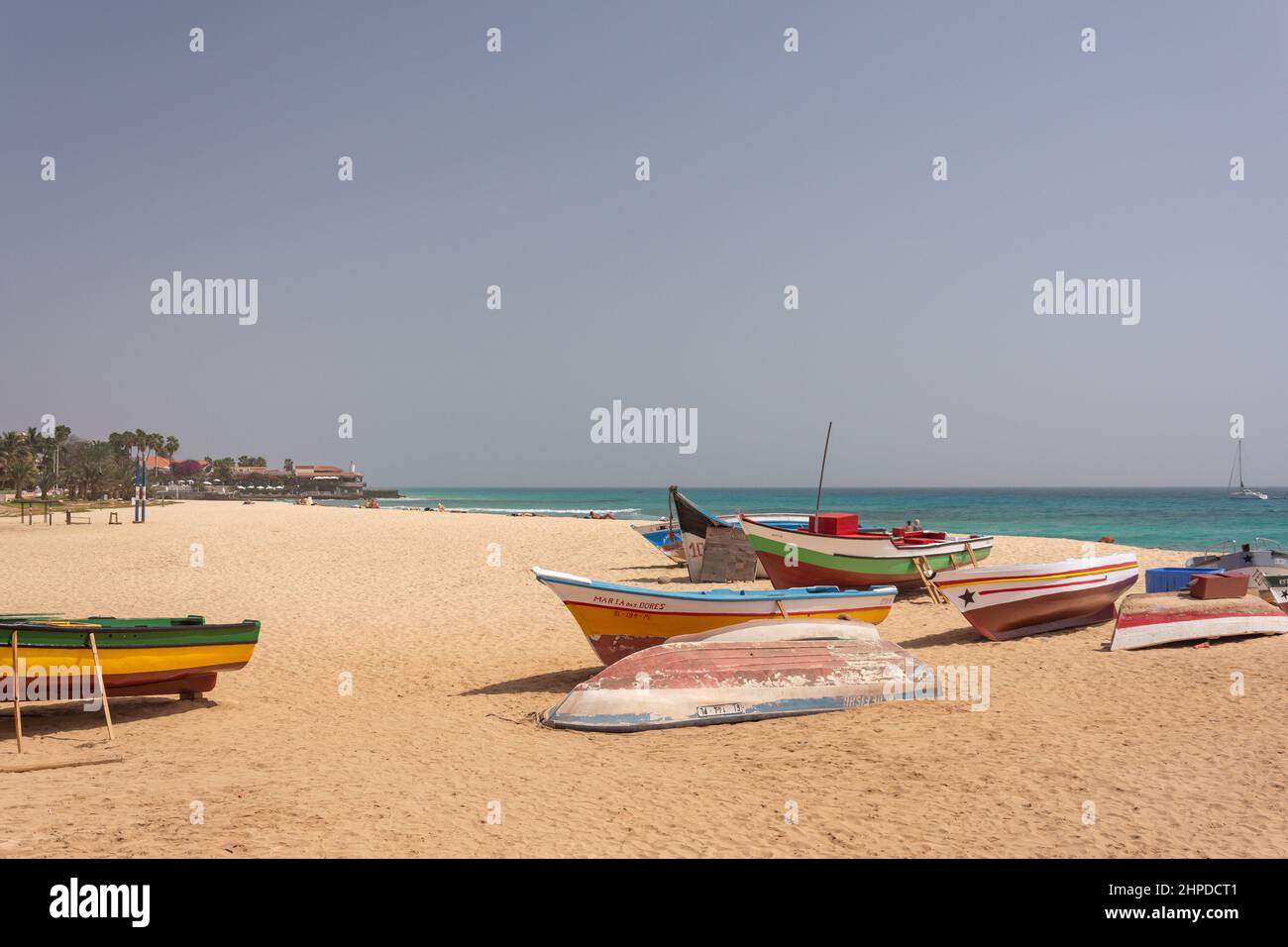 Colourful fishing boats on beach, Praia Santa Maria, Santa Maria, Sal ...