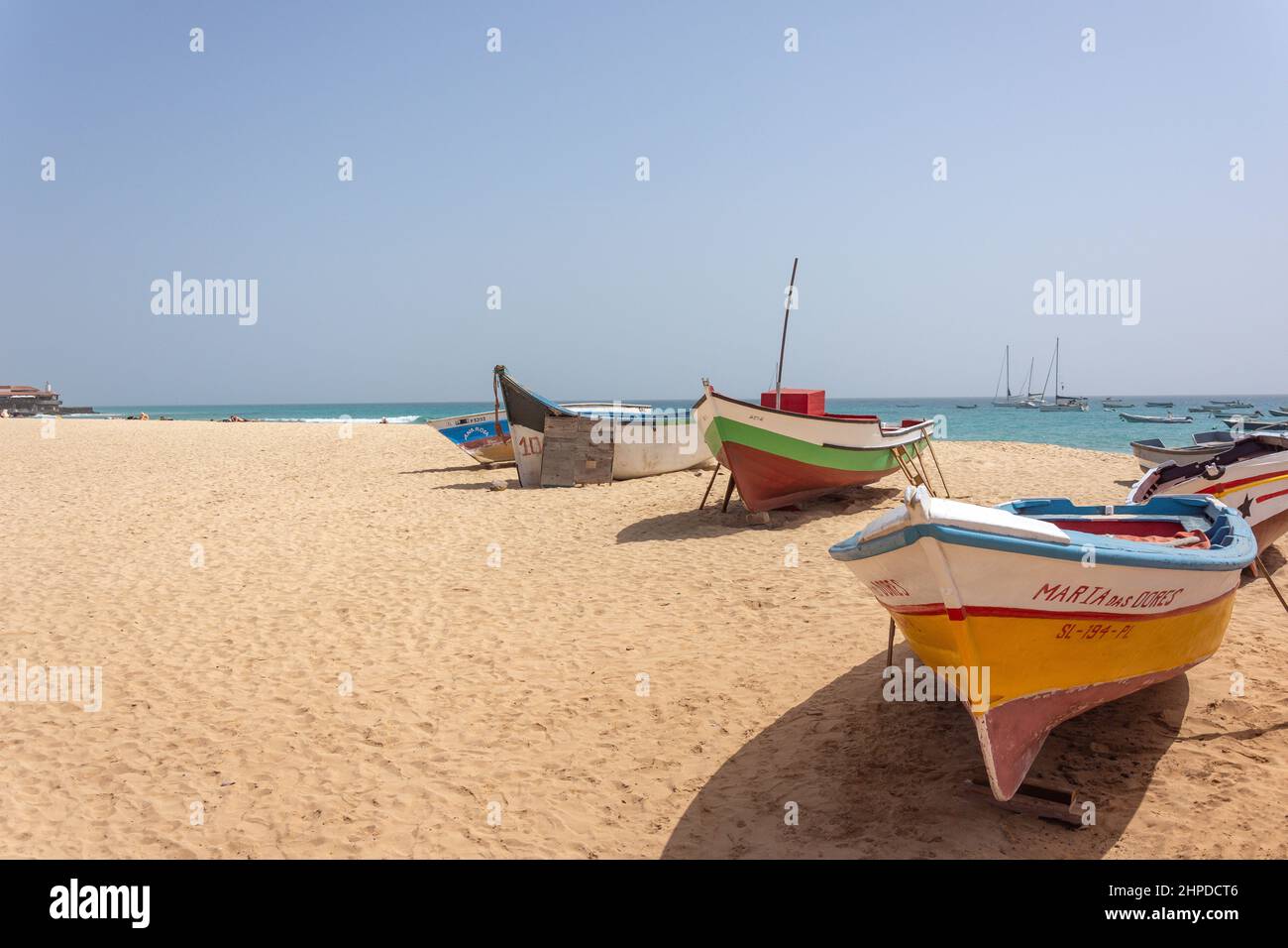 Colourful fishing boats on beach, Praia Santa Maria, Santa Maria, Sal ...