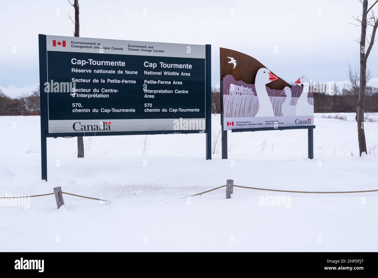Entrance sign of the Cap Tourmente National Wildlife Area situated on ...