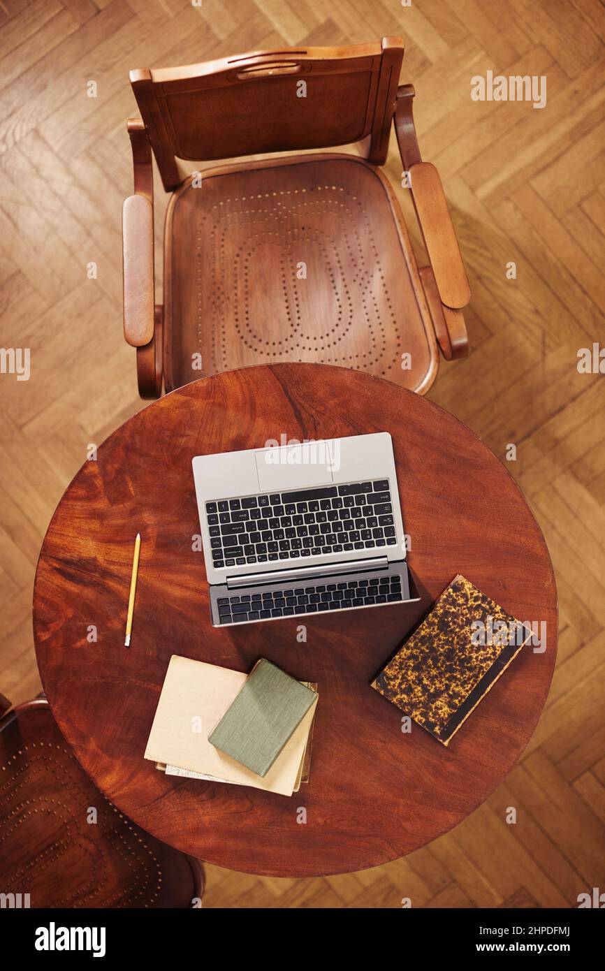 Vertical top view background of cozy working space with laptop in ...