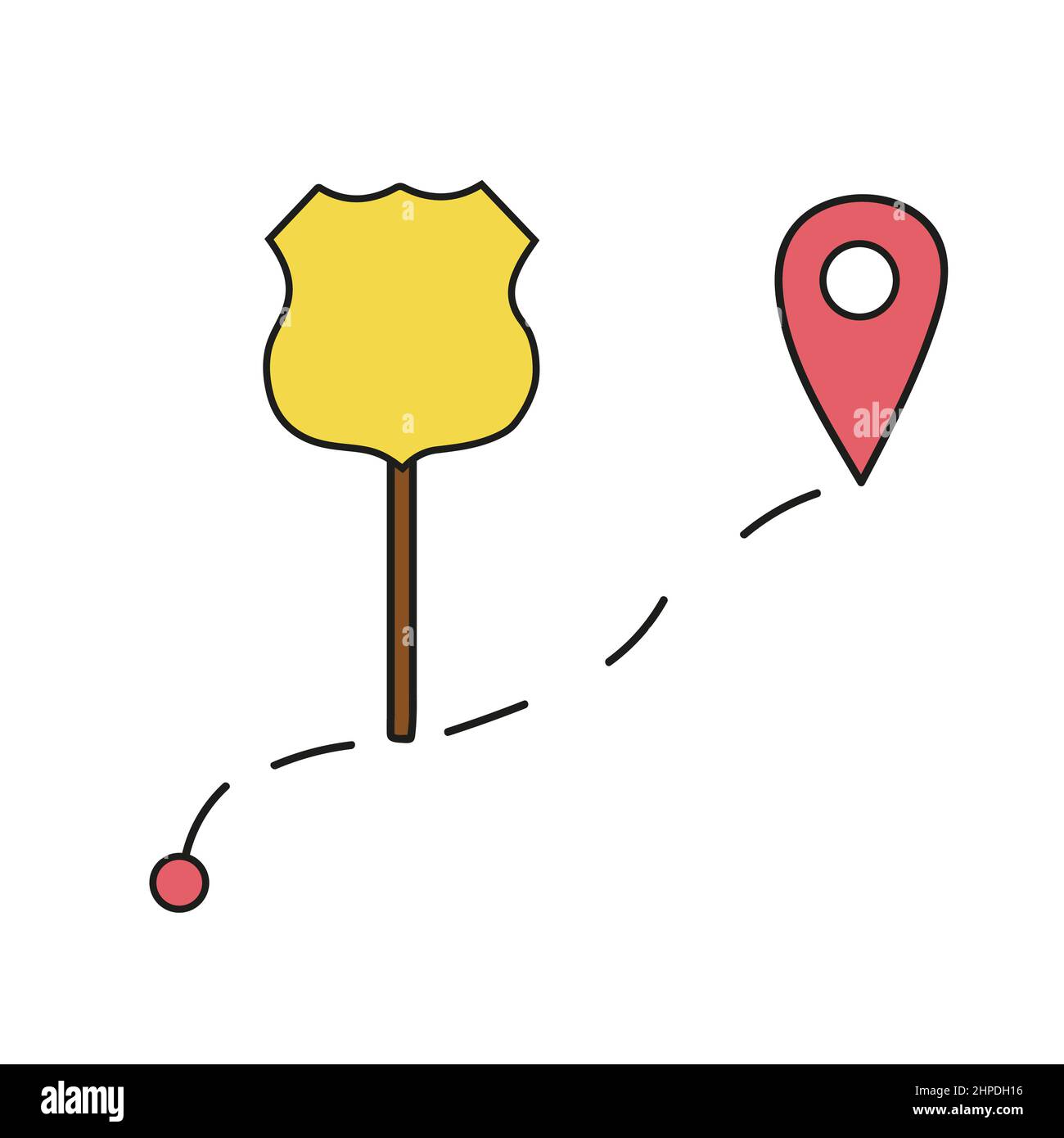 Simple icon. Path and route with location point and highway sign ...