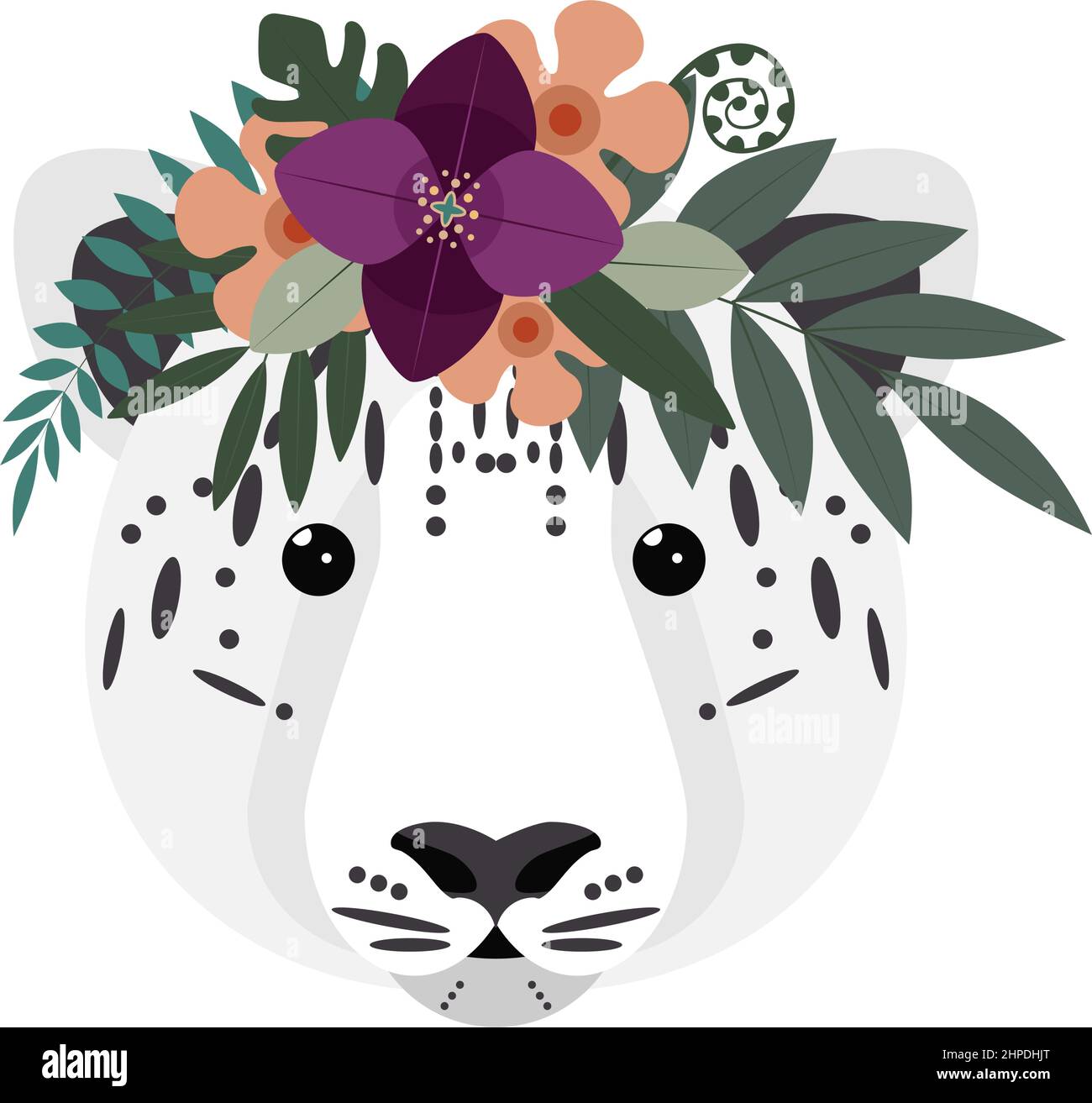 Snow leopard with flower crown. Snow leopard character, flower crown ...