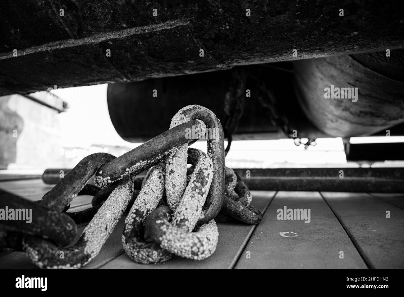 Closeup grayscale shot of a Mooring Chain on cleat with barnacles Stock ...