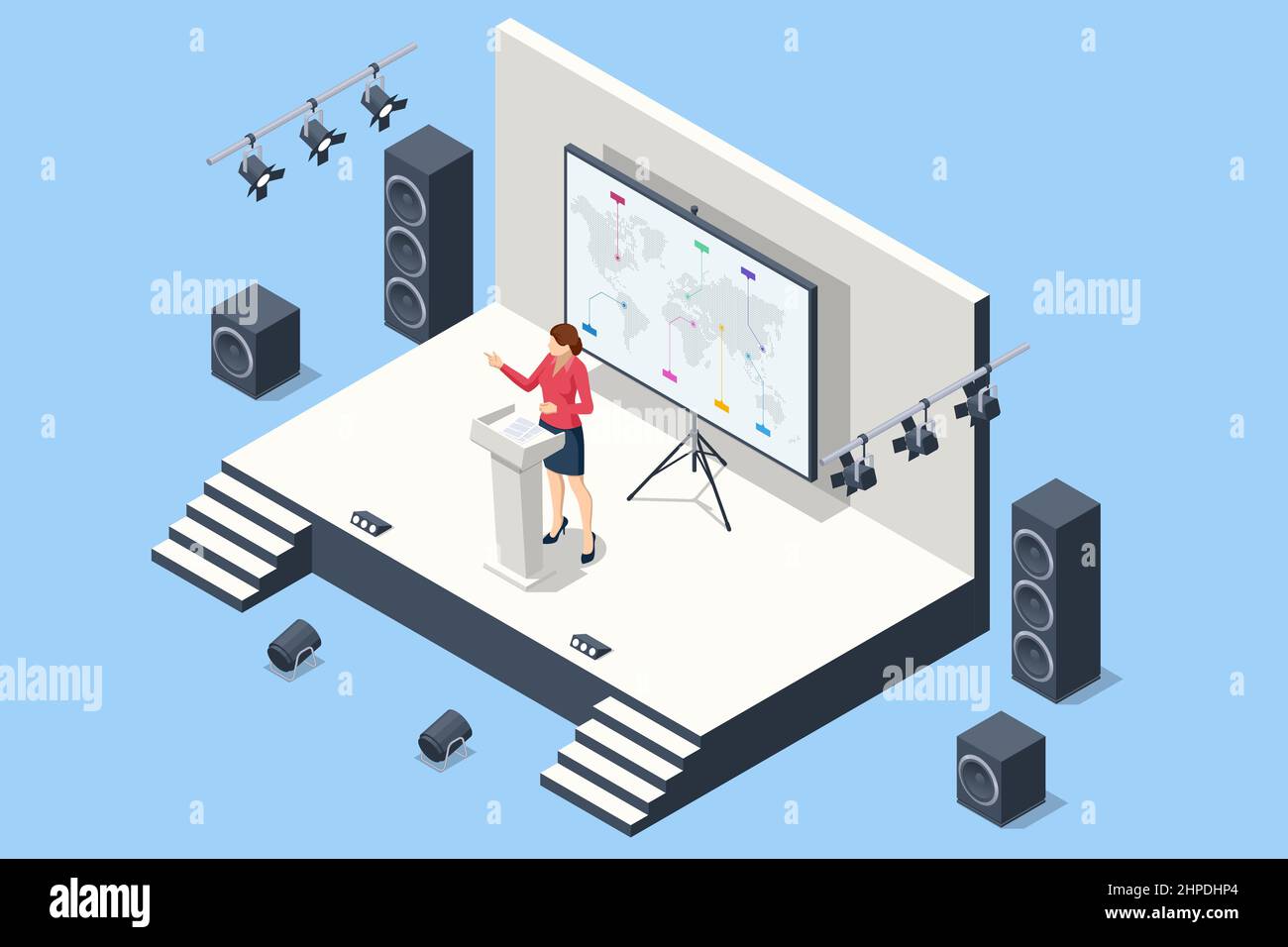Isometric stand for press conference with microphones, equipped place ...