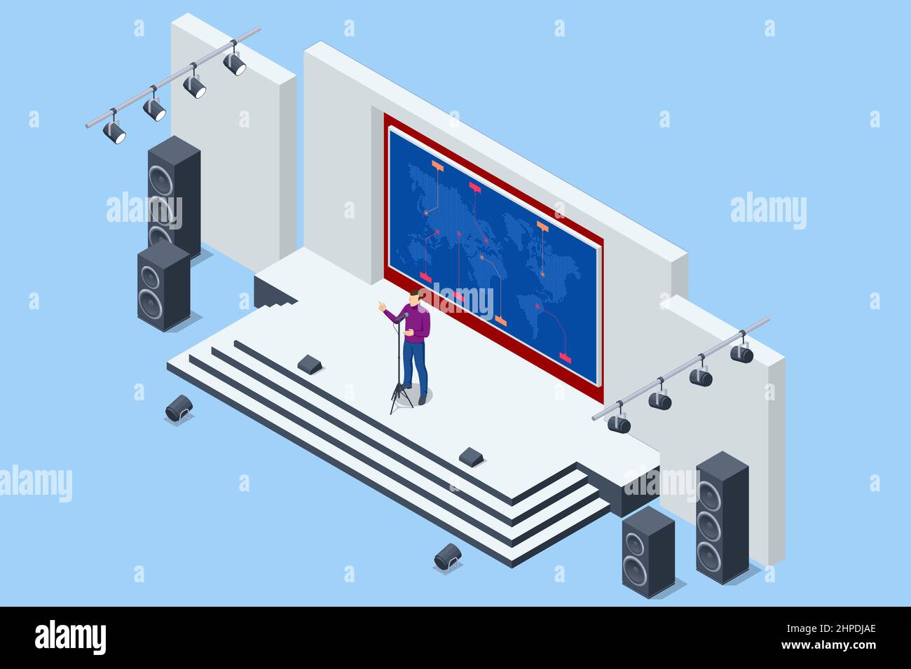 Isometric stand for press conference with microphones, equipped place ...