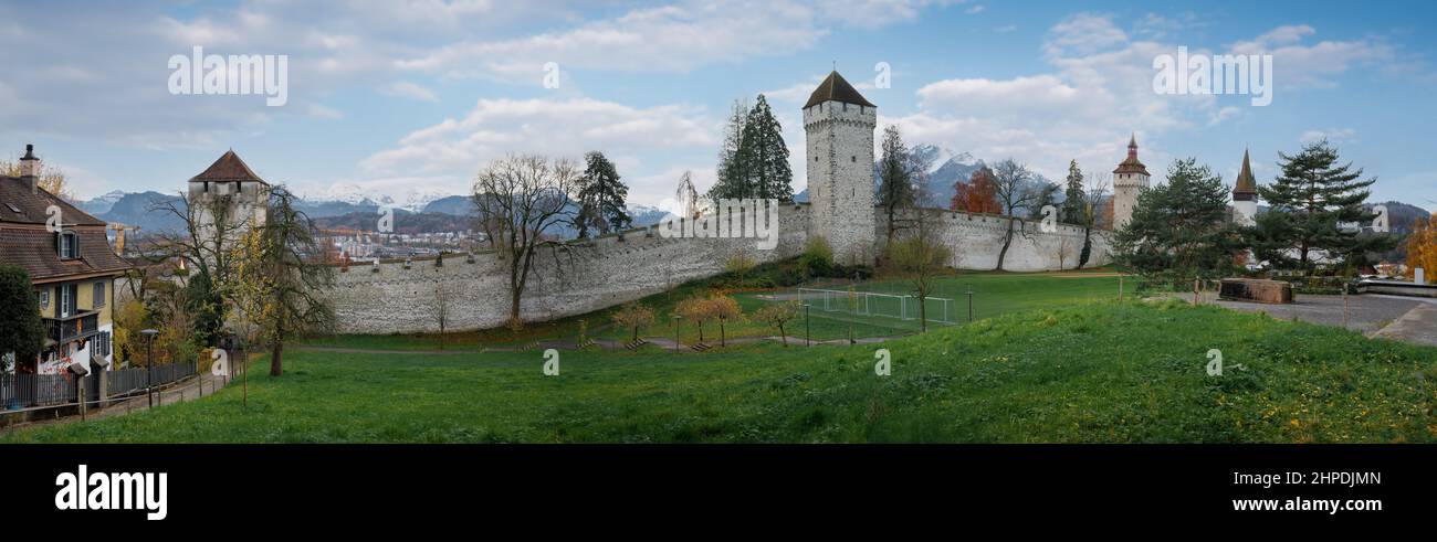Panoramic view of Luzern Musegg Wall (Museggmauer) and its Towers ...