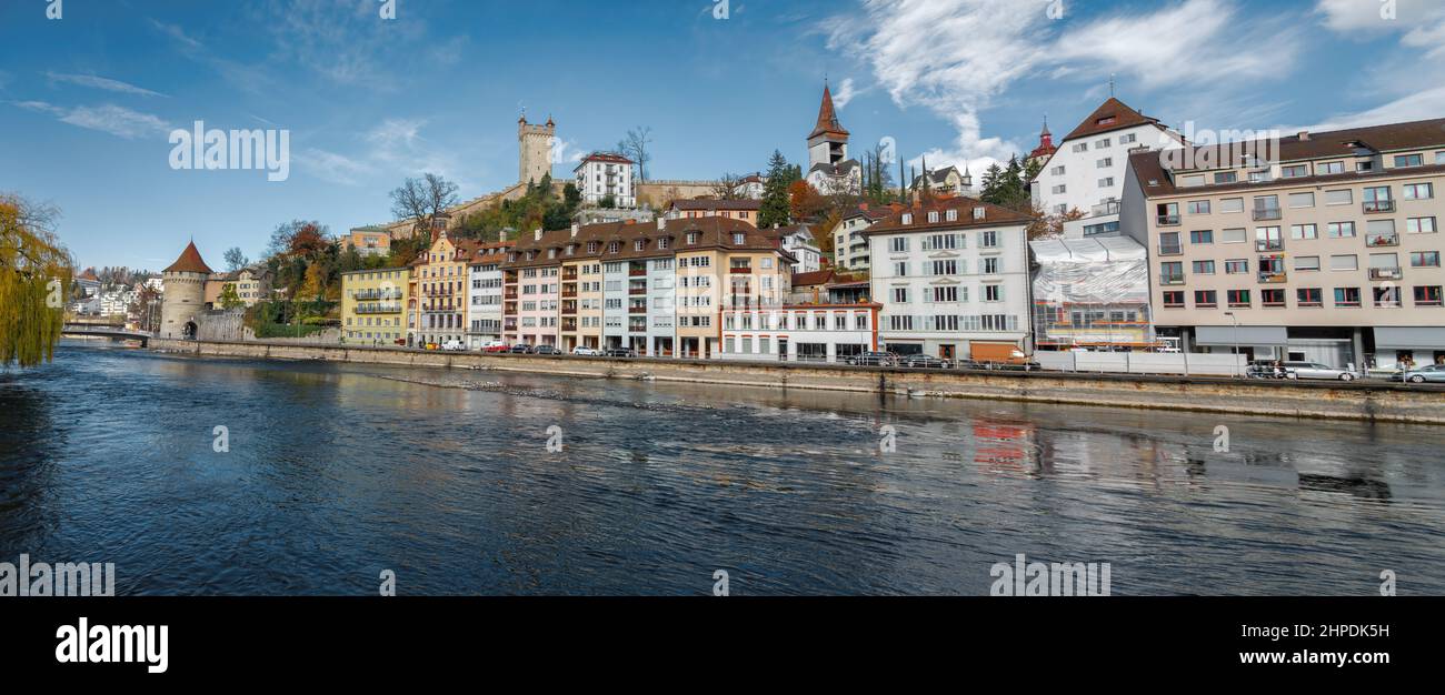 Panoramic view of Luzern Skyline with Reuss River and Musegg Wall ...