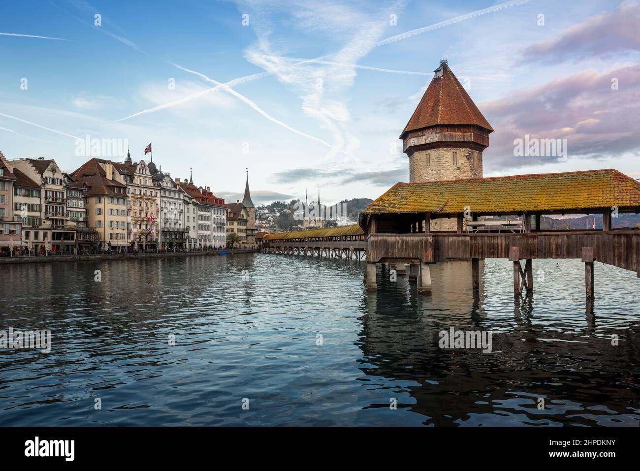 Chapel Bridge (Kapellbrucke) at sunset - Lucerne, Switzerland Stock ...
