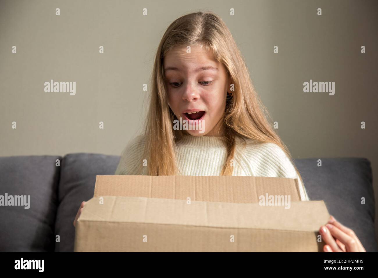 Receiving mail, girl smiling and opens a cardboard box, a parcel Stock ...