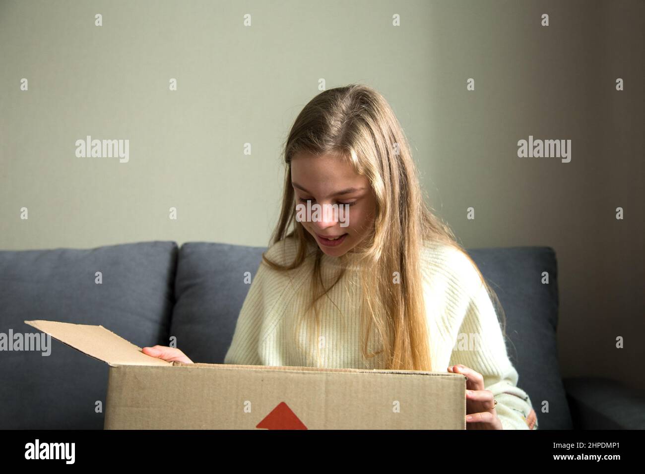 Receiving a gift, the girl smiles and opens a cardboard box, a parcel ...