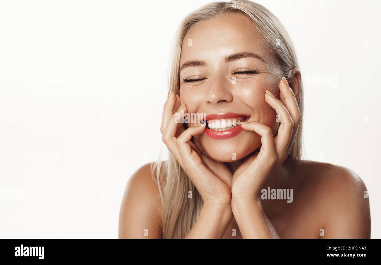 Beauty and spa. Healthy happy woman with glowing, hydrated skin ...