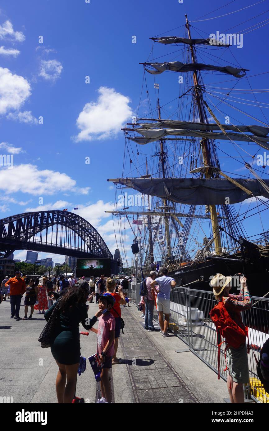 Australia Day Crowd between Sydney Harbour Bridge and Tall Ship James ...