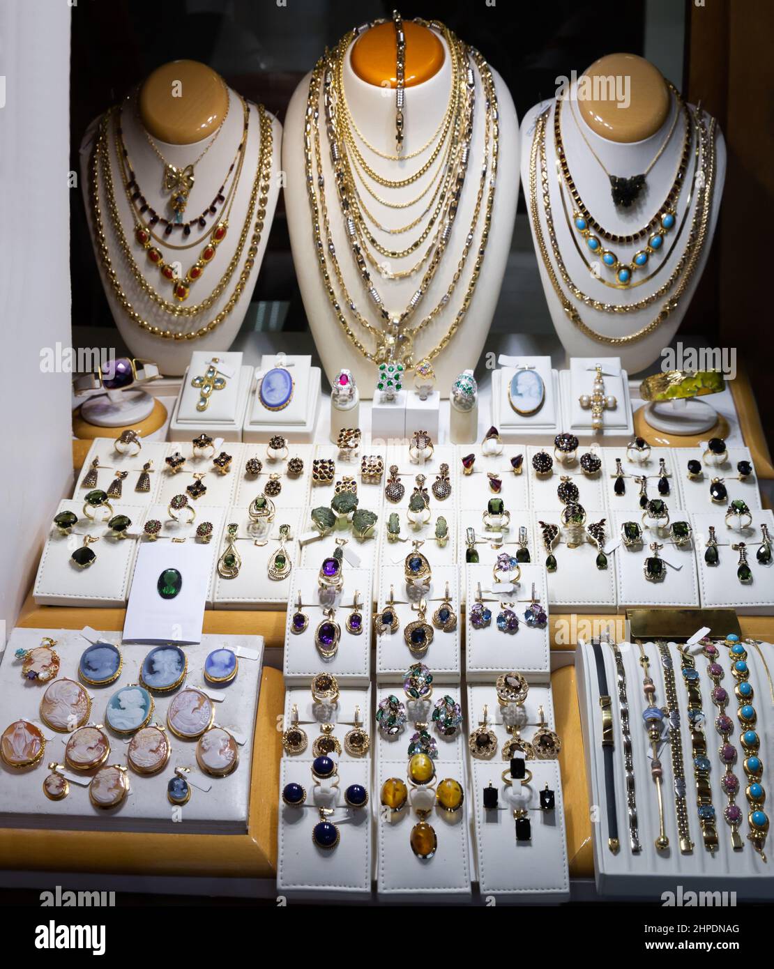jewelry with gems in counter of jewelry store Stock Photo - Alamy