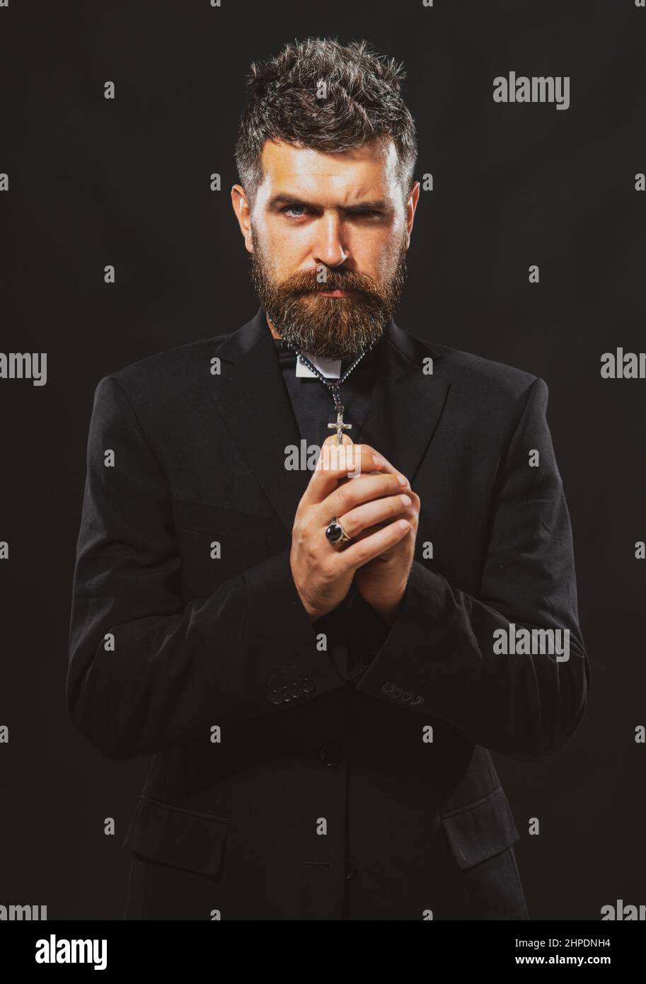 Portrait of monk man priest with pray. Praying oblation. Senior ...