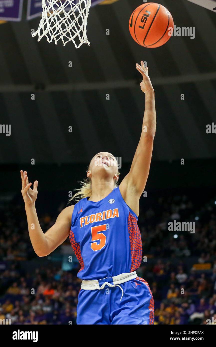 Baton Rouge, LA, USA. 20th Feb, 2022. Florida's Alberte Rimdal (5) goes for a layup during NCAA ...