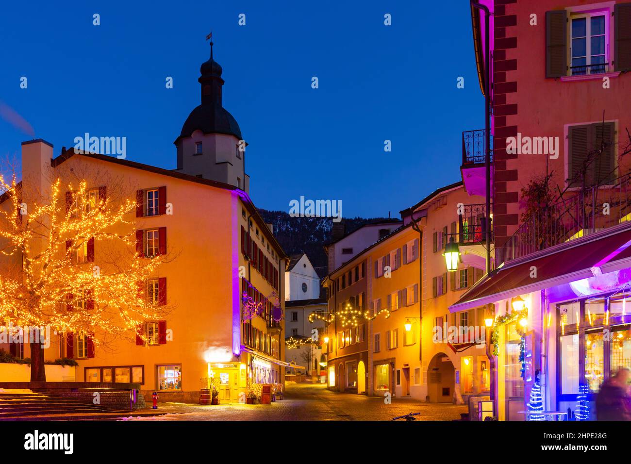 Lighted Brig streets during winter Christmas season at night ...