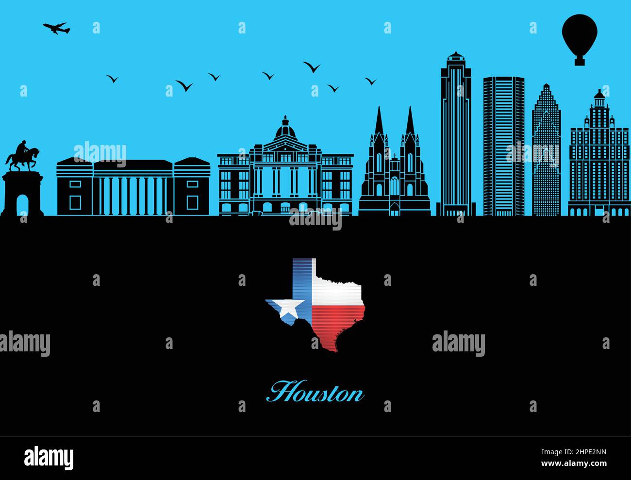 Houston city skyline silhouette - illustration, Town in Blue background ...