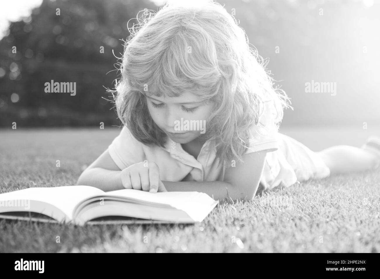 Child relax in the holiday. Kid read books on grass background Stock ...