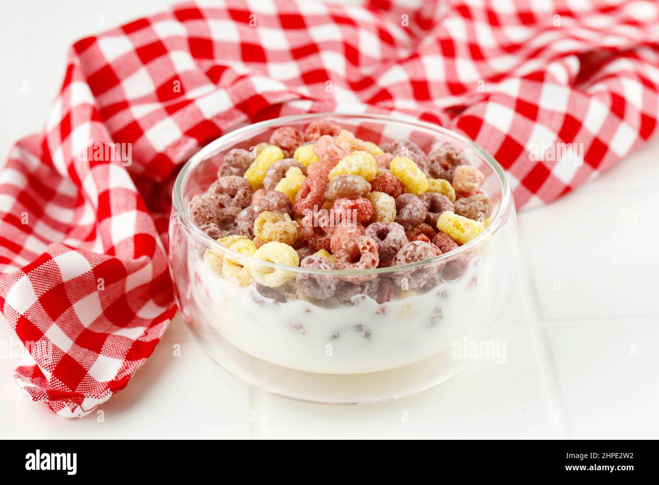 A Bowl Cereal Froot Loops With Milk For Breakfast Selected Focus Stock