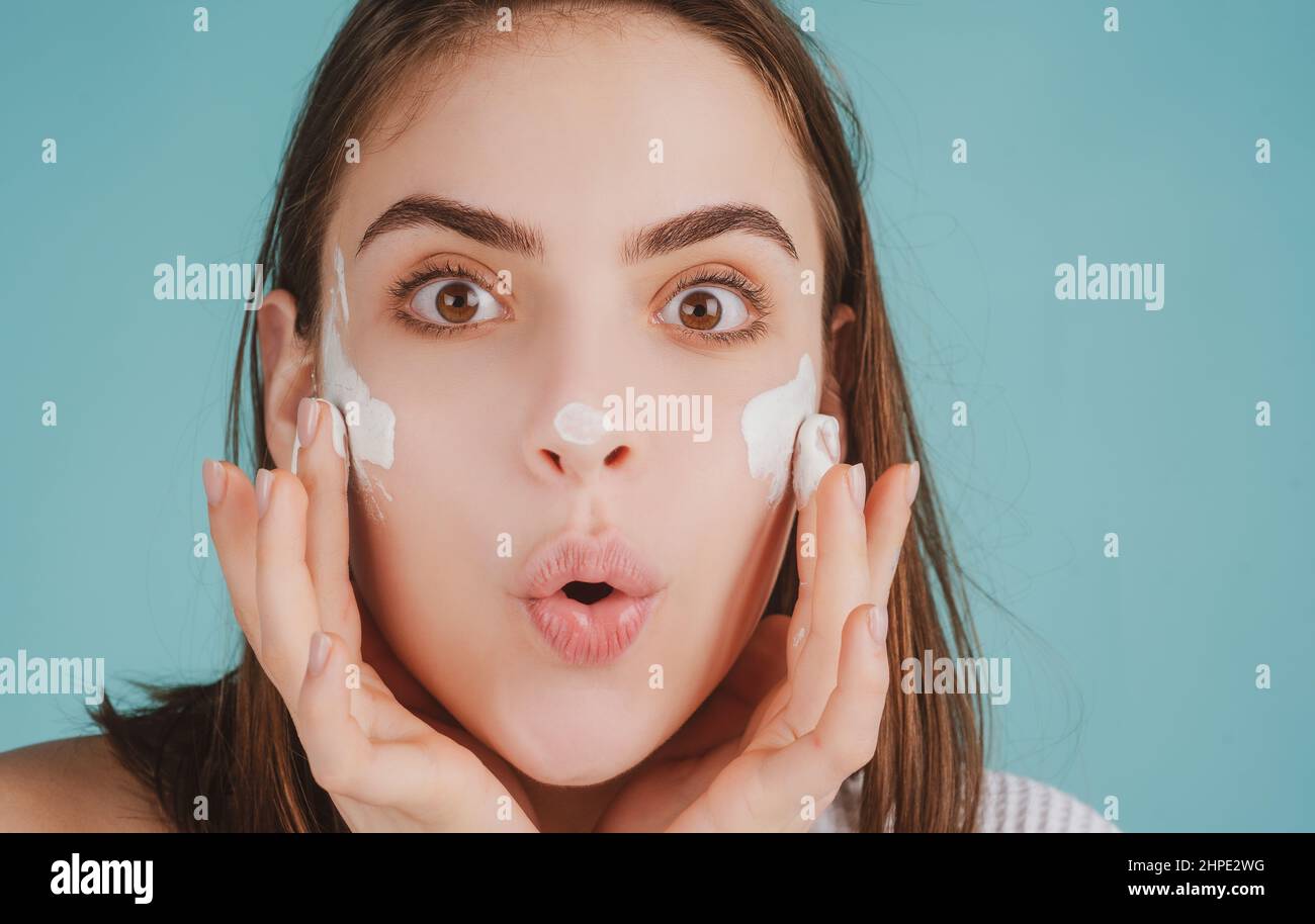 Beauty portrait of beautiful female model. Amazed surprised woman with ...