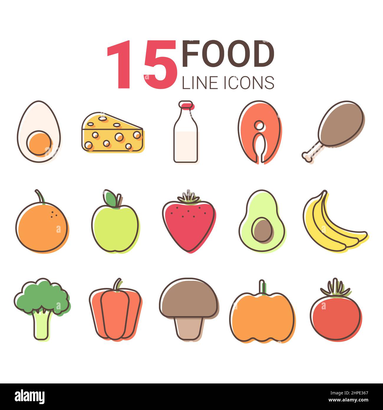 Set of colorful healthy food icons with outline Stock Vector Image ...