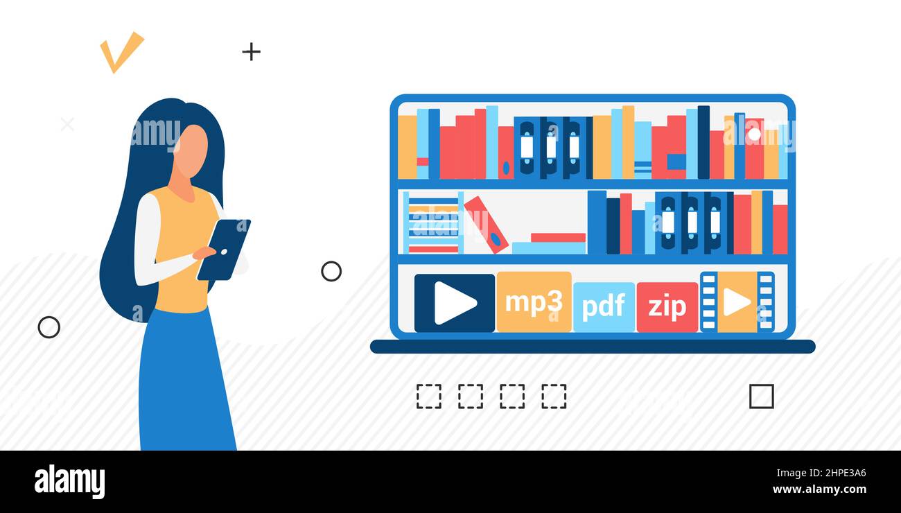 Internet library shelves with audio and video books. Digital learning ...