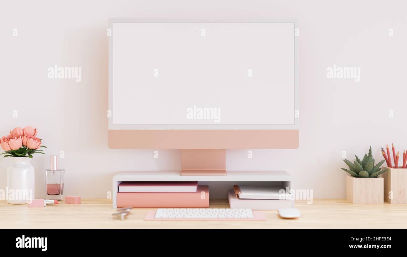 Stylish pink office workspace design with pastel pink pc computer with ...