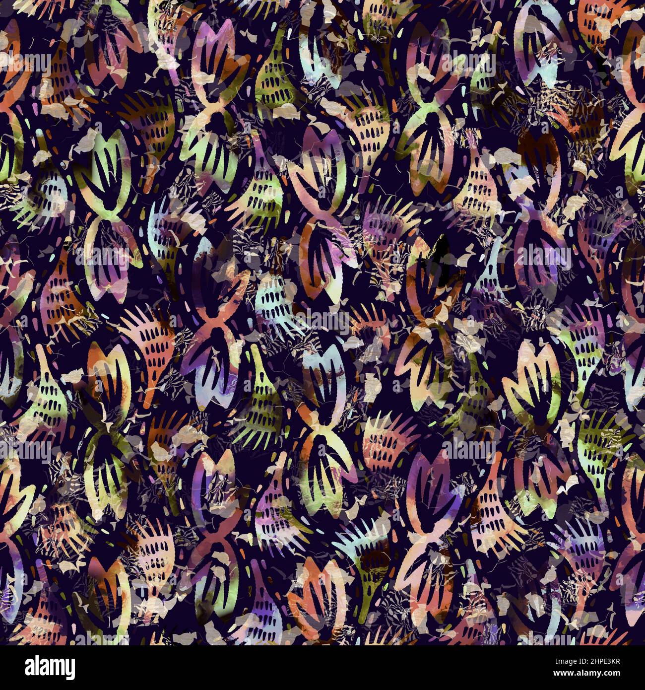 Exotic multicoloured boho floral camouflage scatter print. Seamless ...