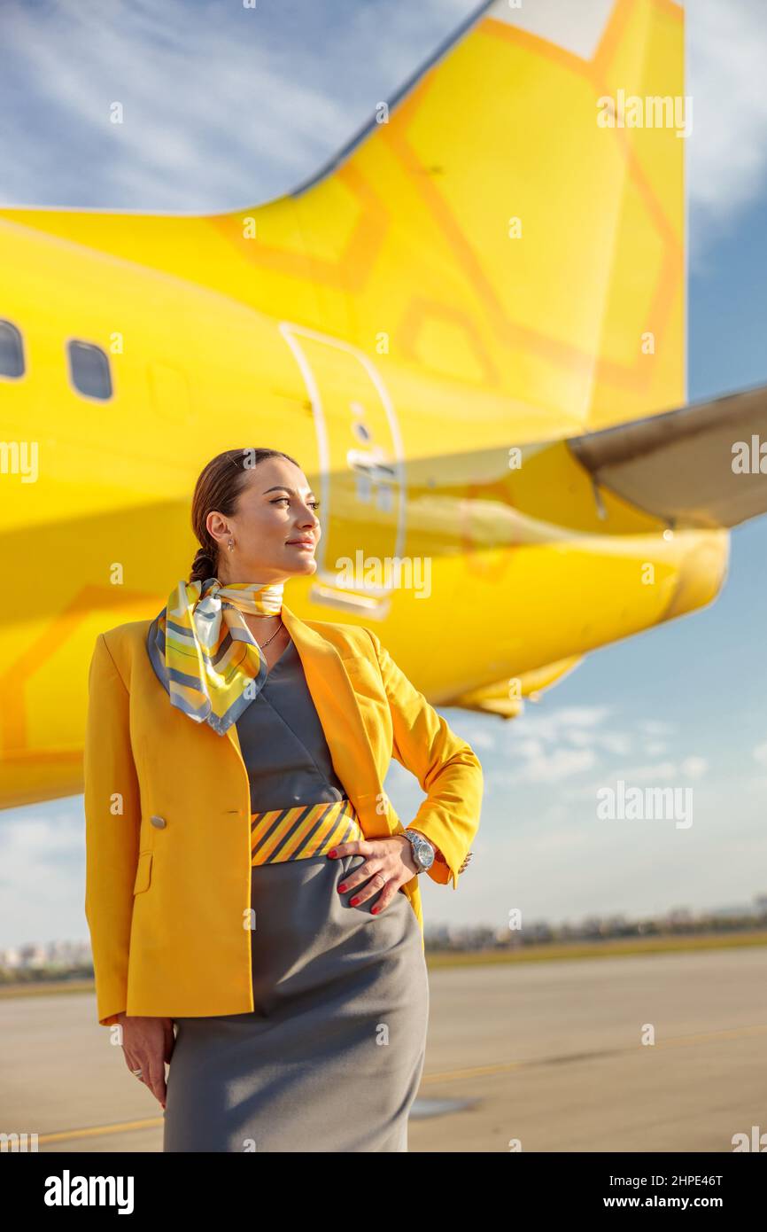 Female flight attendant standing near airplane at airfield Stock Photo ...