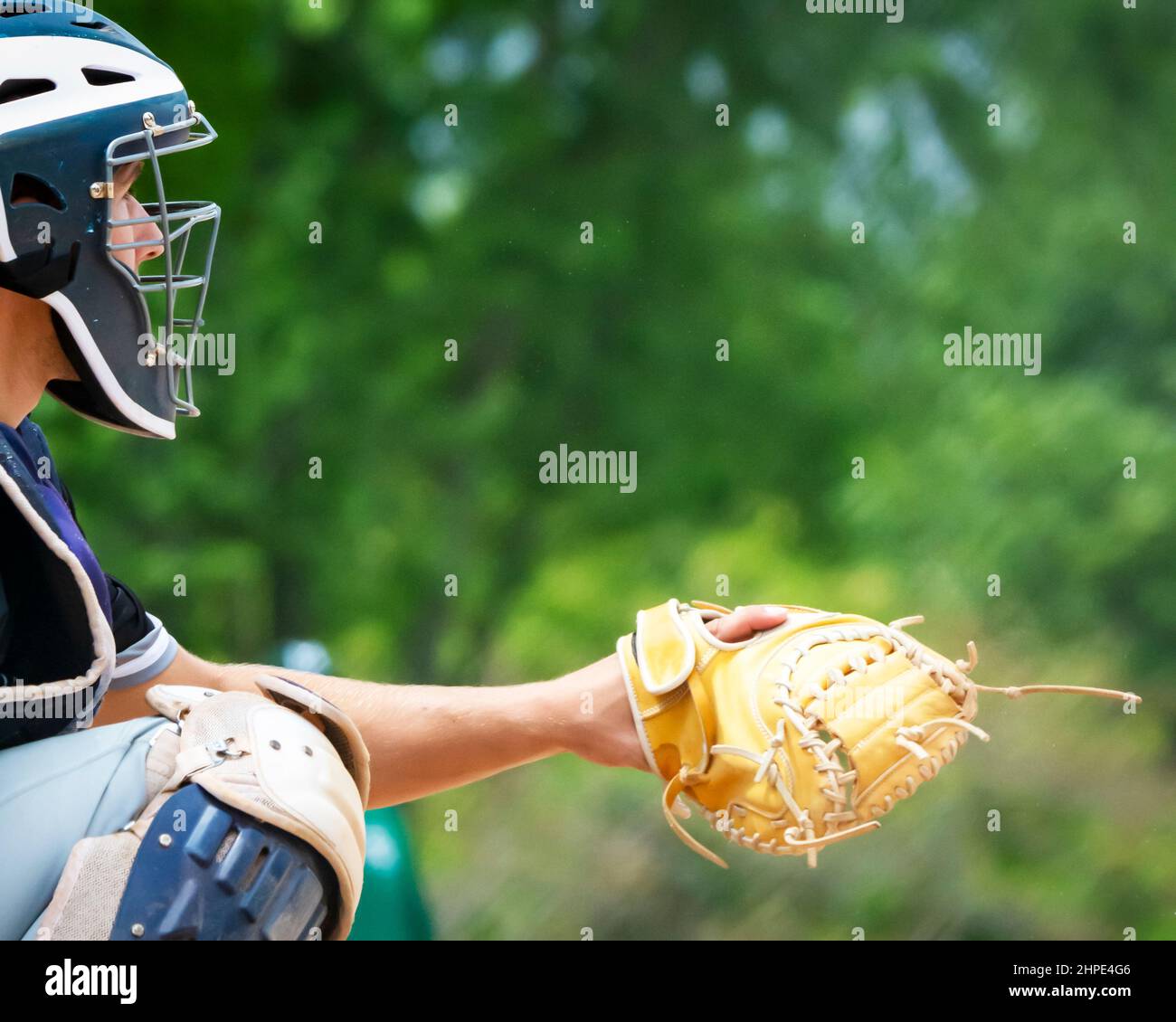 A catcher squats at the plate waiting for the next pitch Stock Photo ...