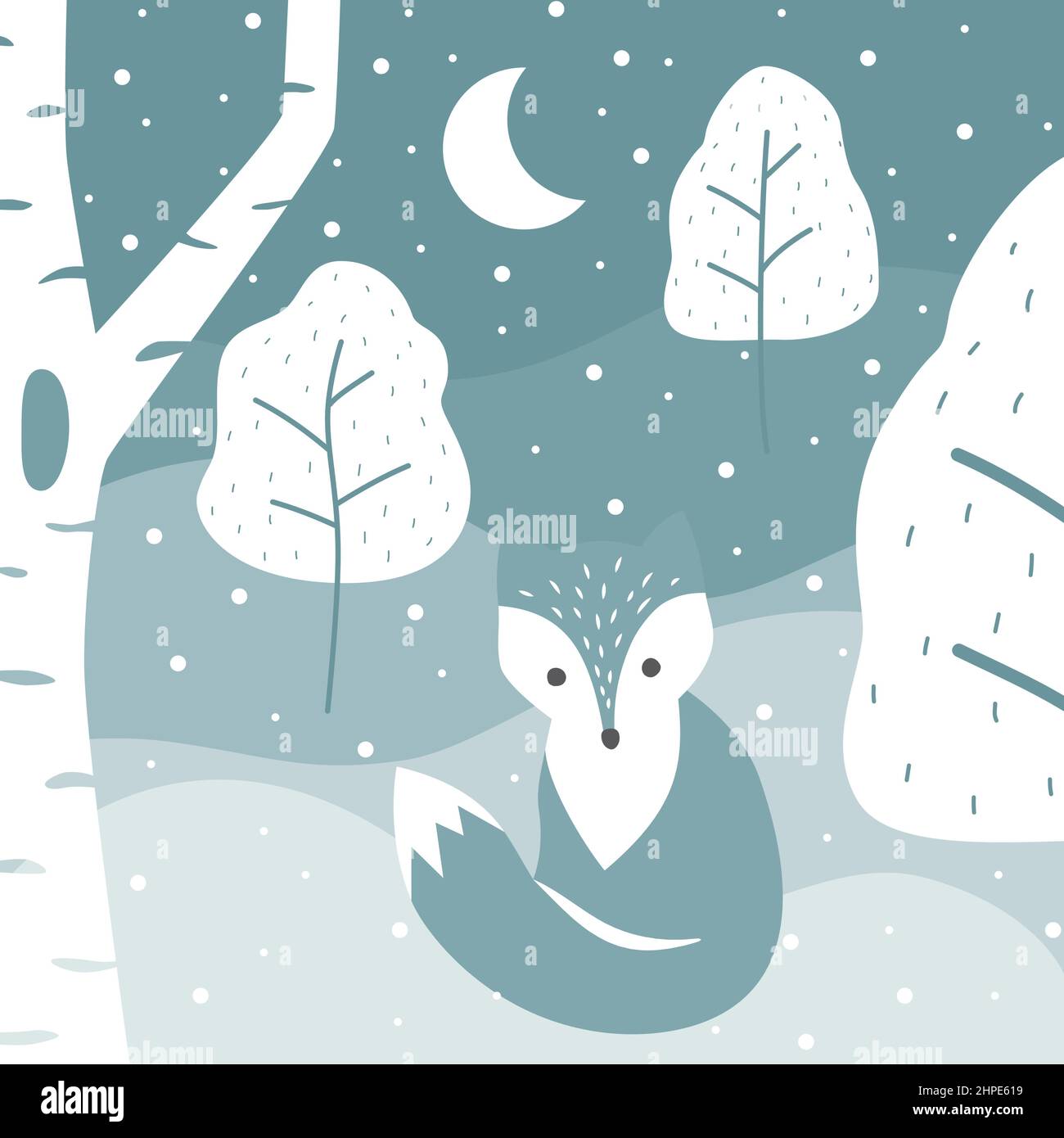Winter scene with arctic fox and trees. Magic forest snowing vector ...