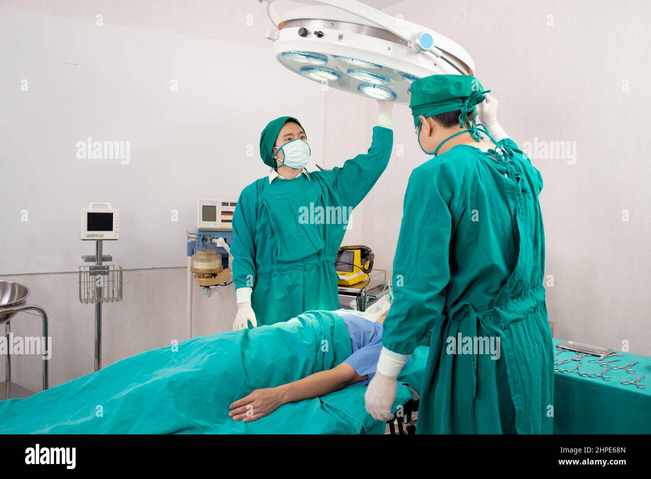 Doctor and surgeon preparation with rescue and save patient in the ...